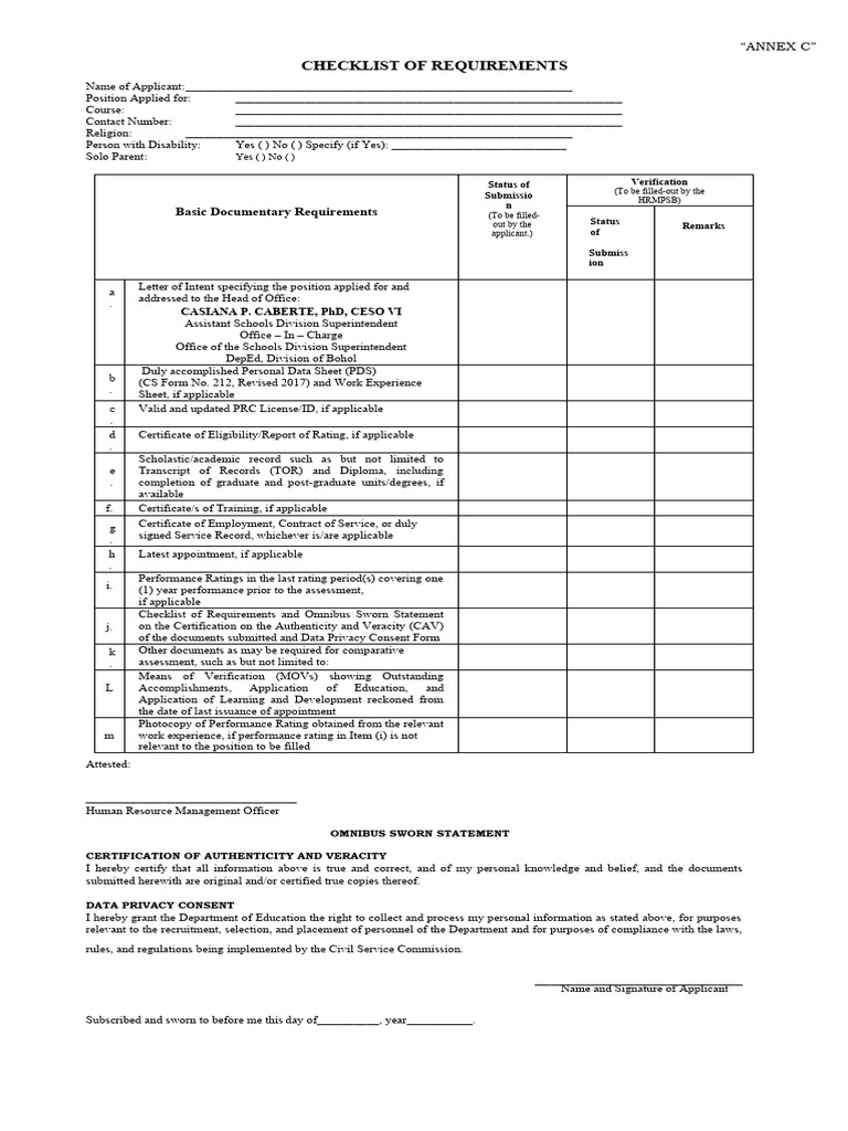 ANNEX C Checklist of Requirements and Omnibus Sworn Statement | PDF