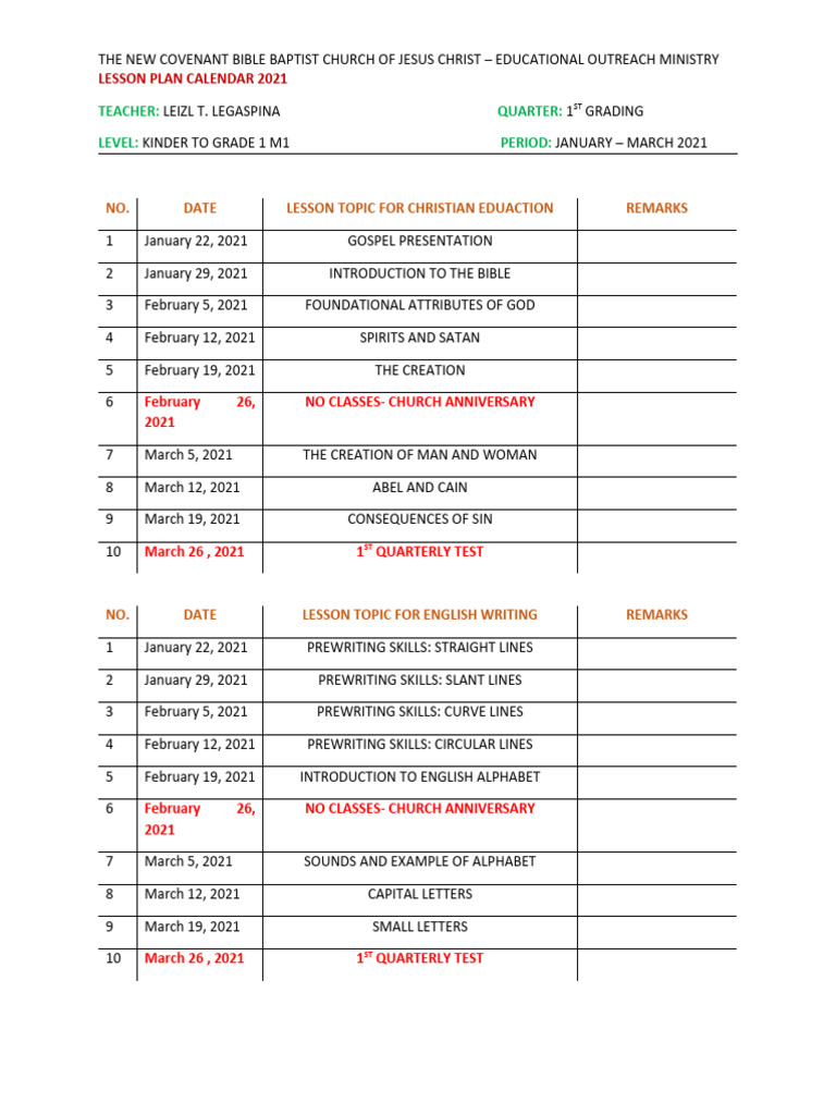 Lesson Plan Calendar 2021 | PDF | New Covenant | Moses