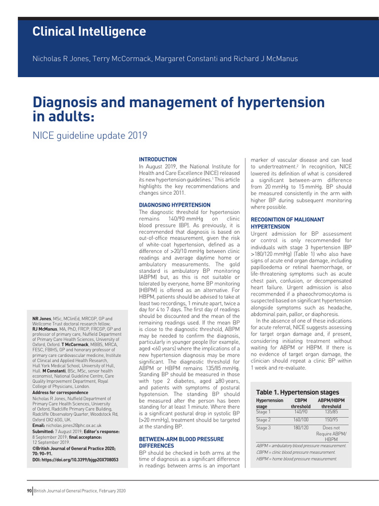 Diagnosis and Management of Hypertension in Adults NICE 2019 Update ...