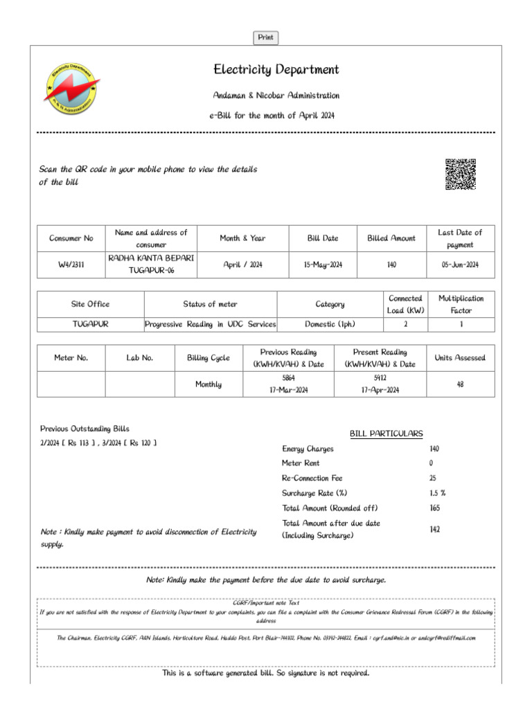 Electricity Bill of Connection No W4 - 2311 For April 2024 | PDF | Fee ...