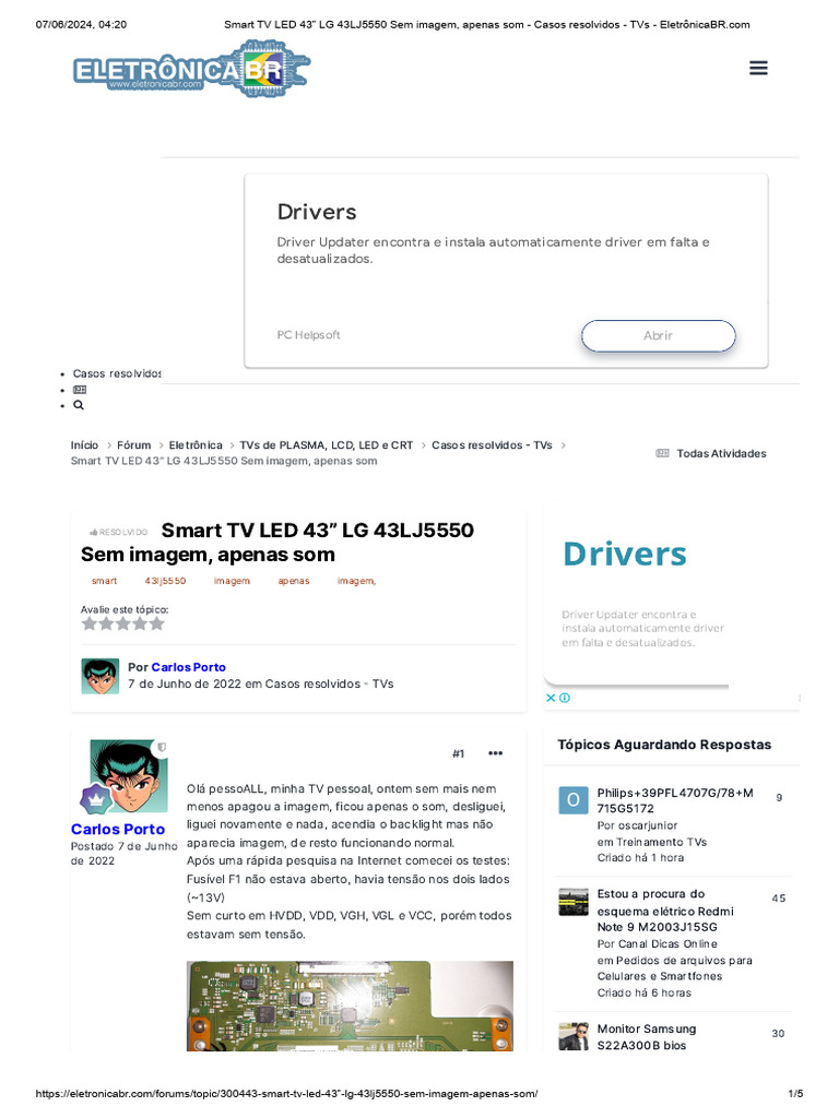 Smart TV LED 43" LG 43LJ5550 Sem Imagem, Apenas Som - Casos Resolvidos - TVs - Eletrô | PDF ...