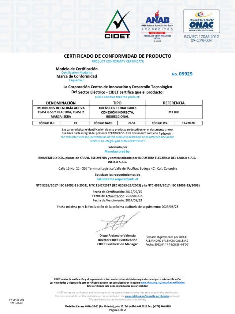 Certificado Iskra MT 880 de Conformidad | PDF