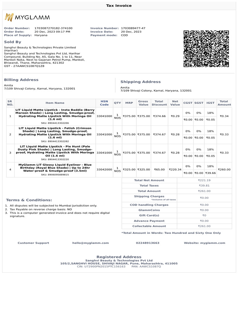 MyGlamm Invoice 1703089477-47 | PDF | Payments | Taxes
