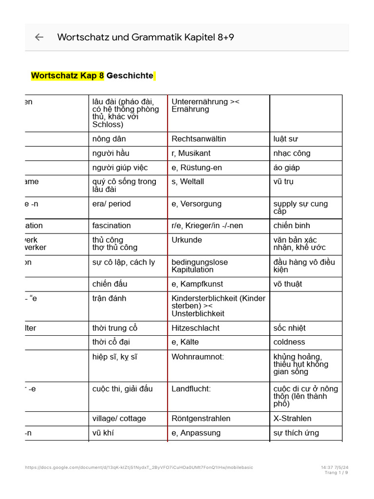 Wortschatz Und Grammatik Kapitel 8+9 | PDF