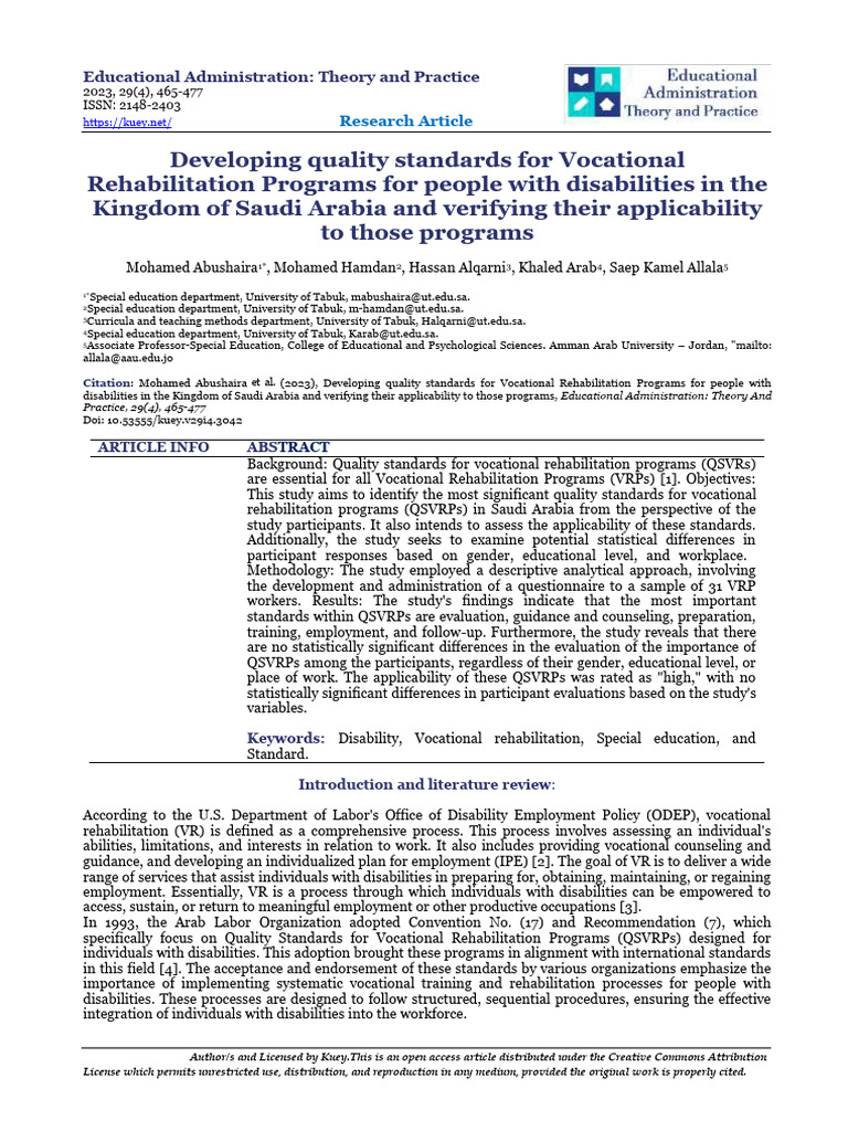 Developing Quality Standards For Vocational Rehabilitation Programs For People With Disabilities ...