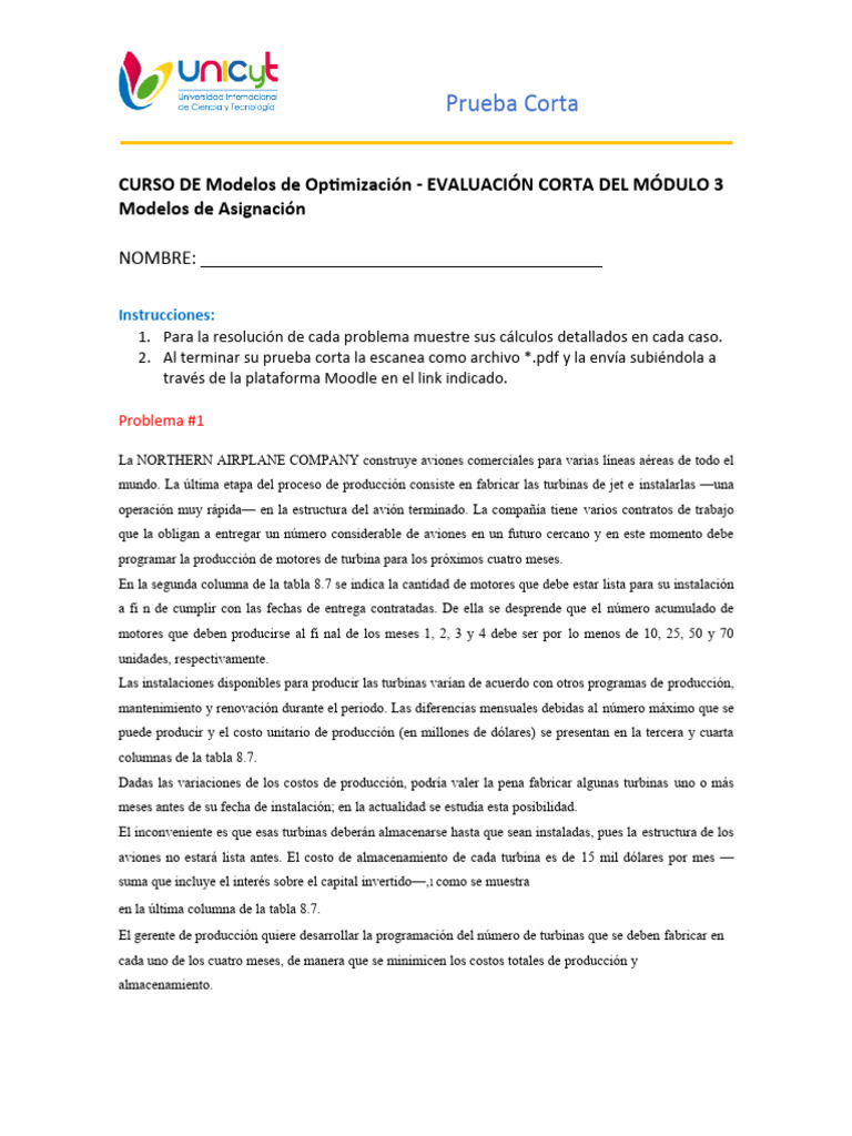 Prueba Corta Modelos de Asignacion | PDF