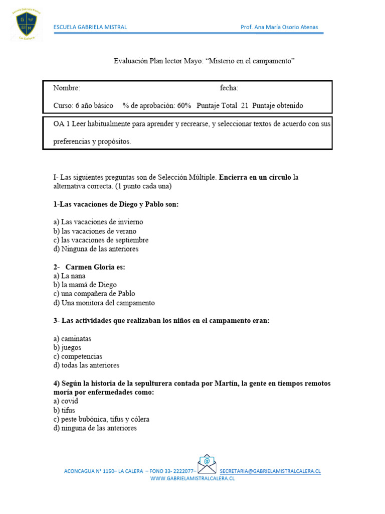 Evaluacion Plan Lector 6 Año Basico | PDF