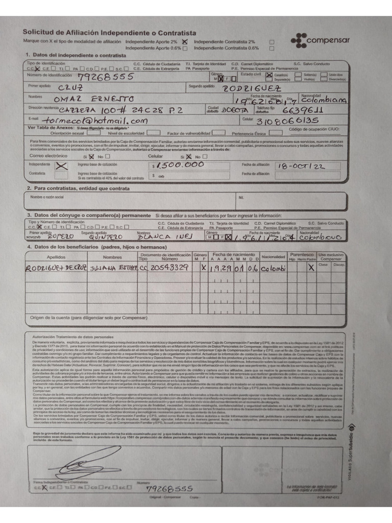 Formulario Afiliacion Caja Compensar | PDF