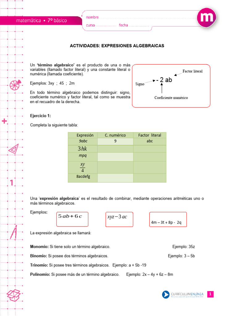 Actividades de Expresiones Algebraicas 7mo | PDF | Álgebra abstracta ...