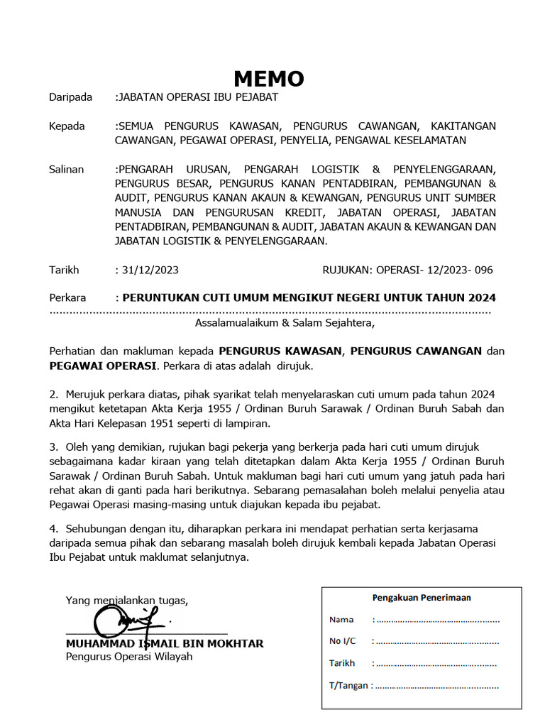 Memo - Cuti Umum 2024 (Ops) | PDF