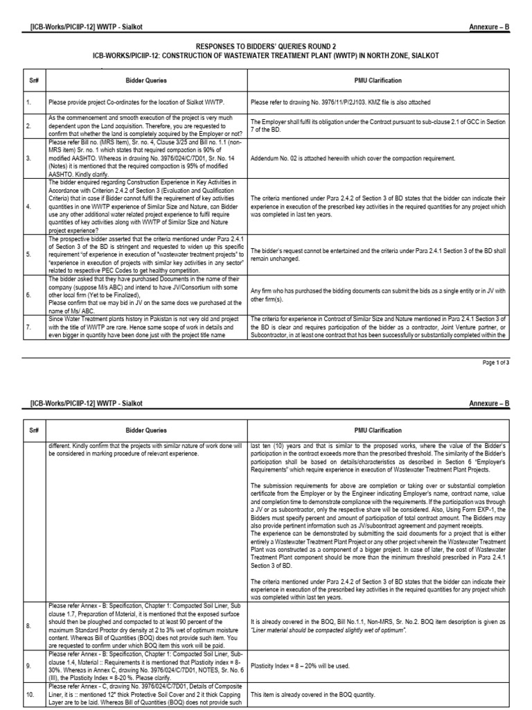 2nd Round of Queries Replies Addendum 02 WWTP Sialkot | PDF | Sewage ...