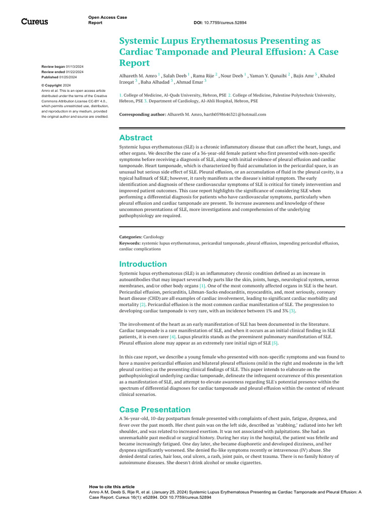 Systemic Lupus Erythematosus Presenting As Cardiac | PDF | Heart | Clinical Medicine