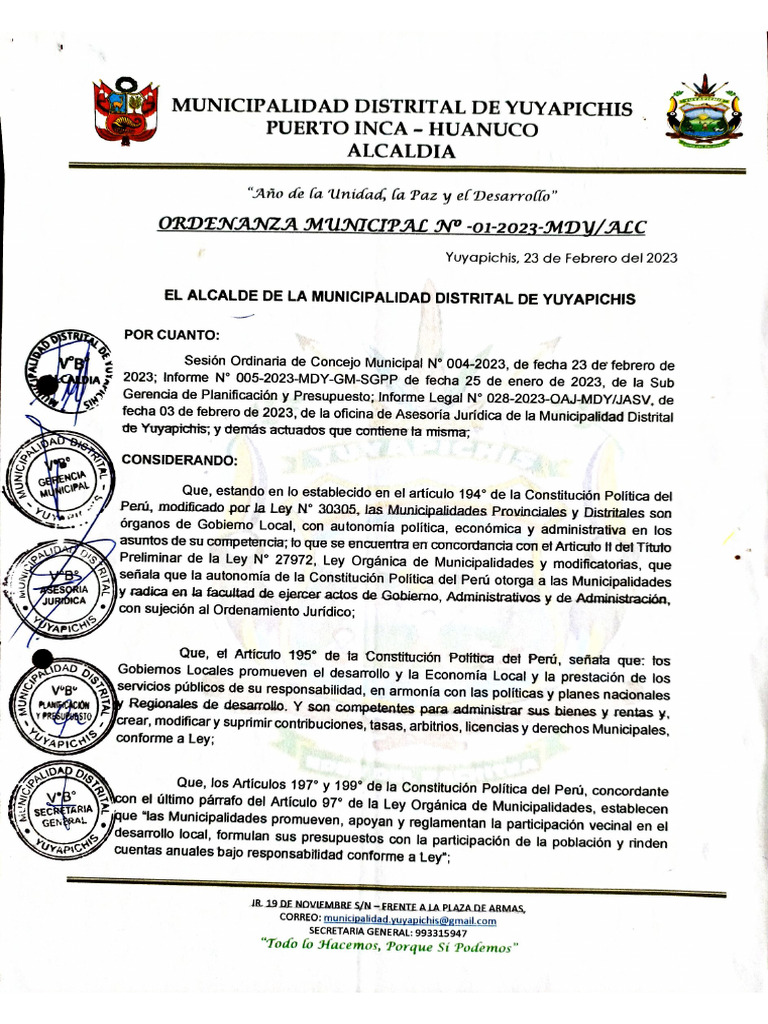 Ordenanza Muni 001-2023 Mdy | PDF