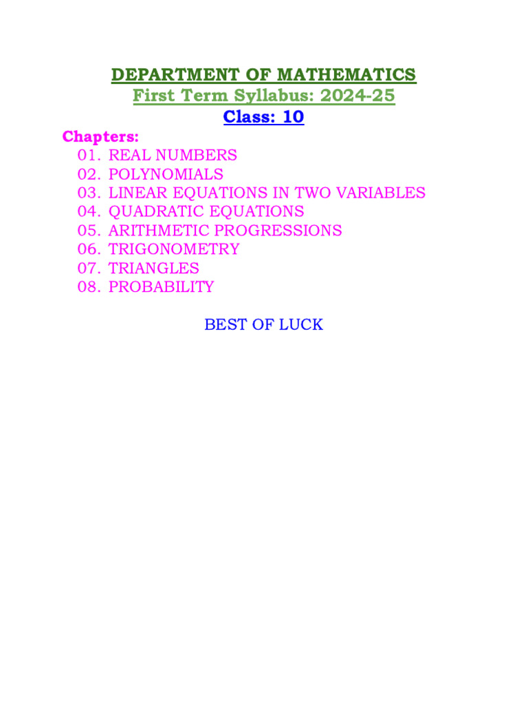 Class 10 Maths Syllabus 2024-25 | PDF