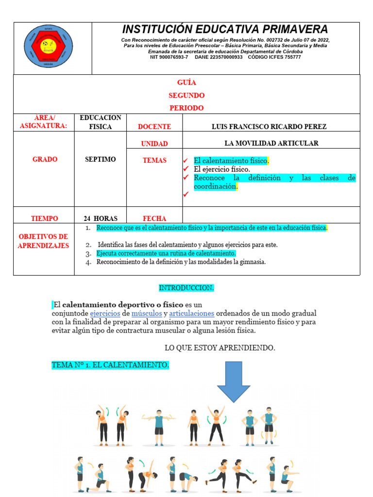 Guía de Educación Física: Calentamiento y Ejercicio | PDF | Gimnasia ...