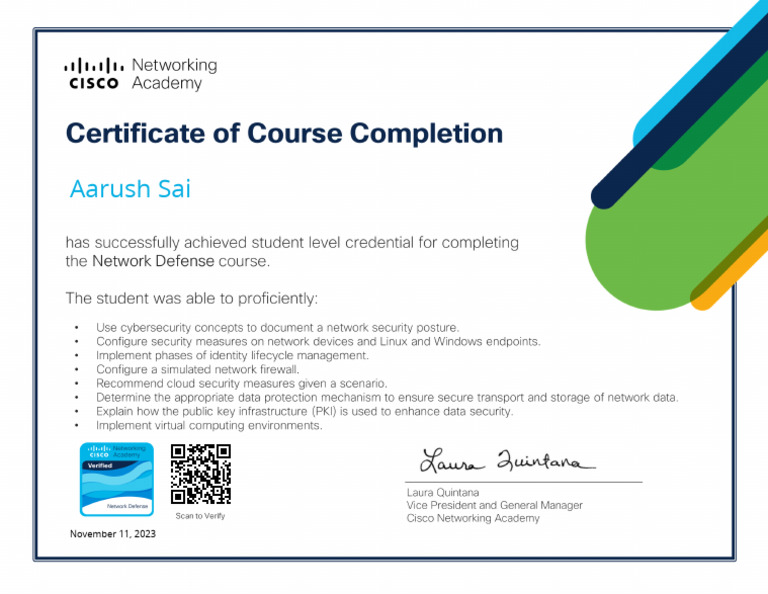 Network Defense Badge Cisco Certificate | PDF