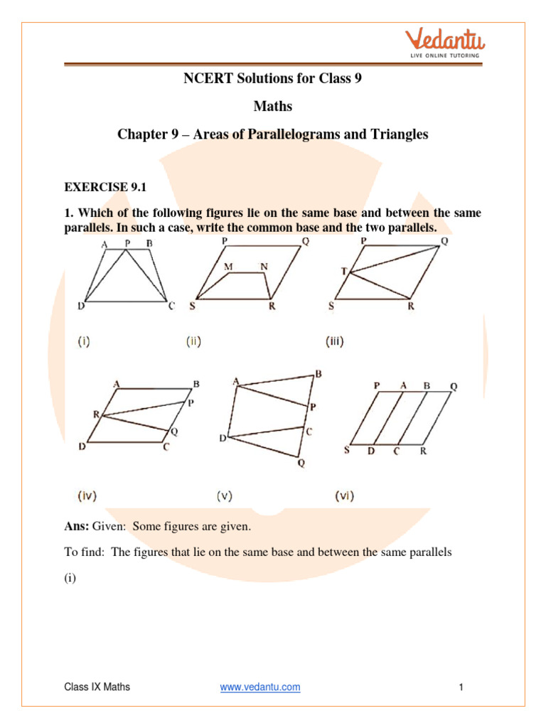 NCERT Solutions For Class 9 Maths Chapter 9 Areas of Parallelograms and Triangles. | PDF ...