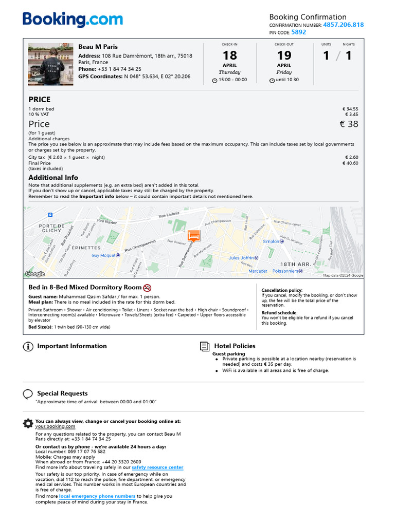 Booking.com_ Confirmation | PDF | Emergency | Dormitory