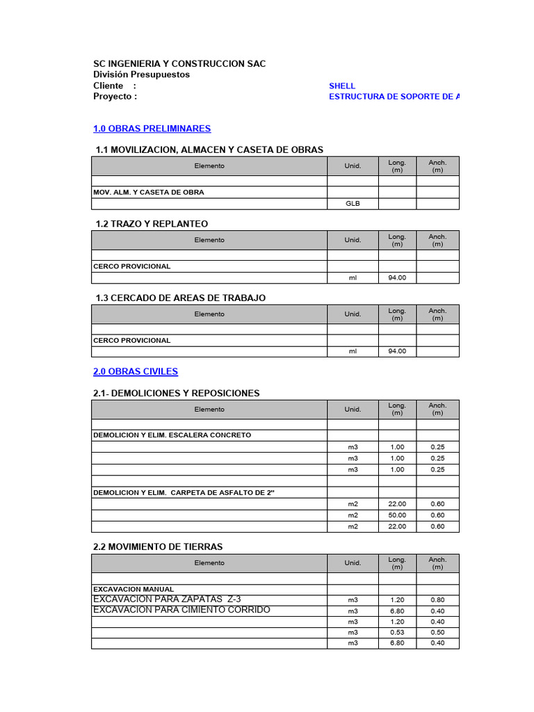 Metado Obras Civiles y Perfiles W | Descargar gratis PDF | Hormigón ...