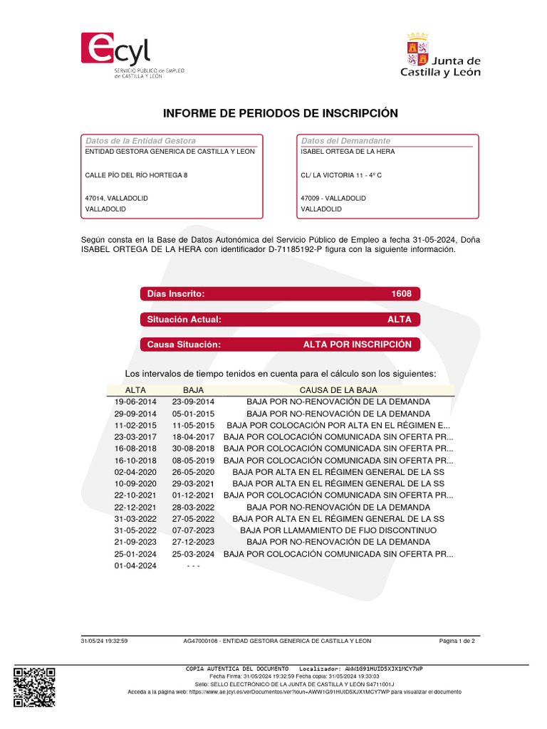 Informe de Inscripción de Isabel Ortega | PDF