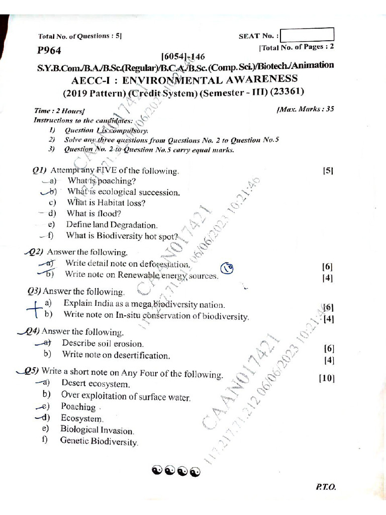 Environmental Awareness Previous YearQuestion Paper | PDF