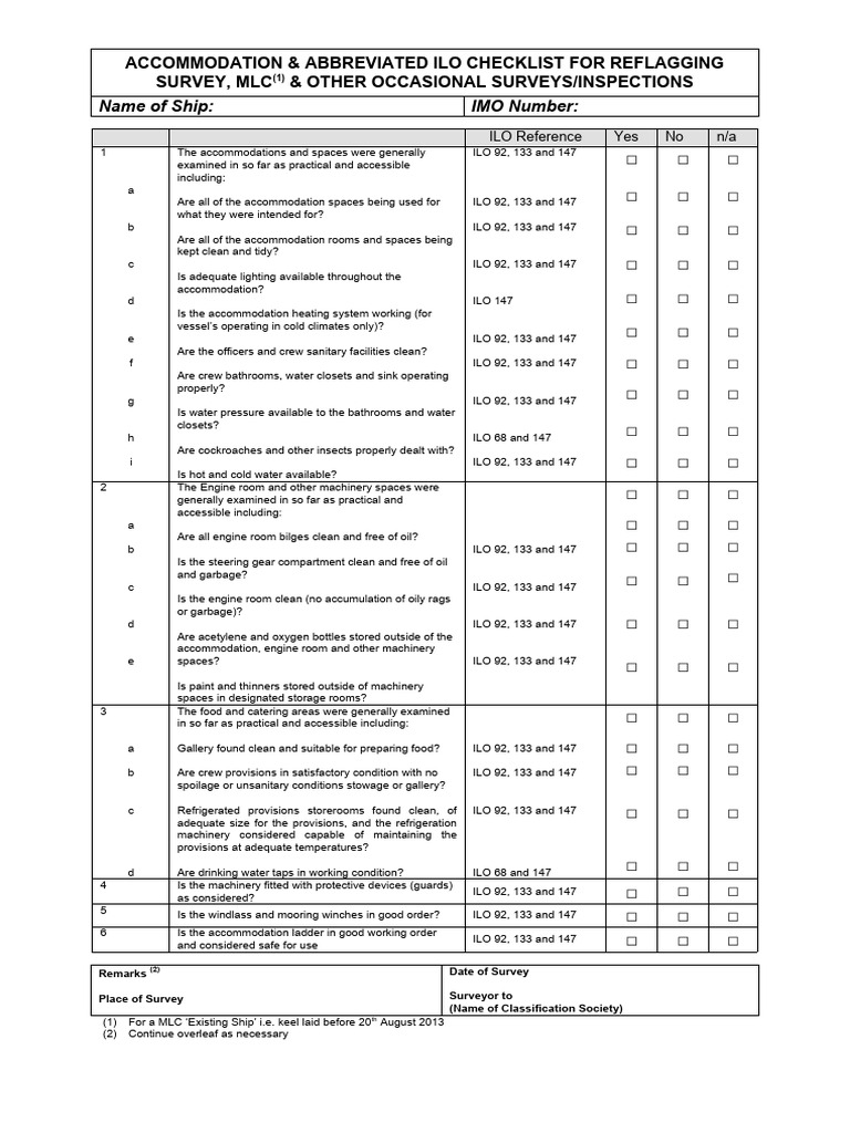 Accommodation & Abbreviated Ilo Checklist | PDF | Water Transport | Ships