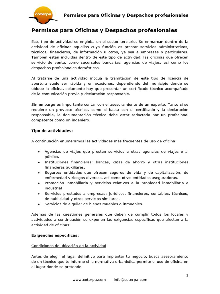 Permisos para Oficinas y Despachos Profesionales | Descargar gratis PDF | Seguro