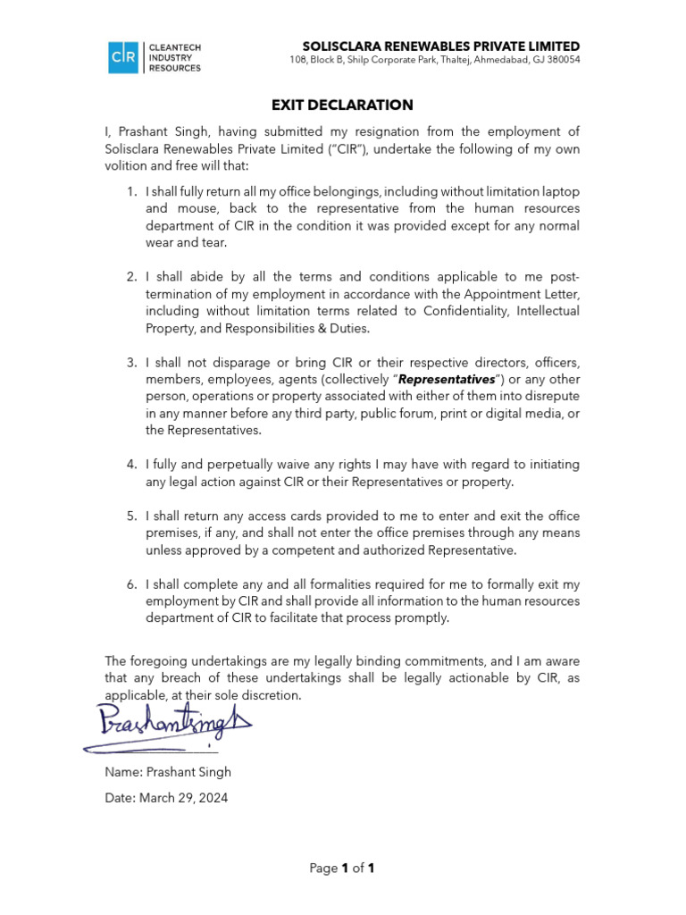 Prashant Singh - Exit Declaration | PDF | Business