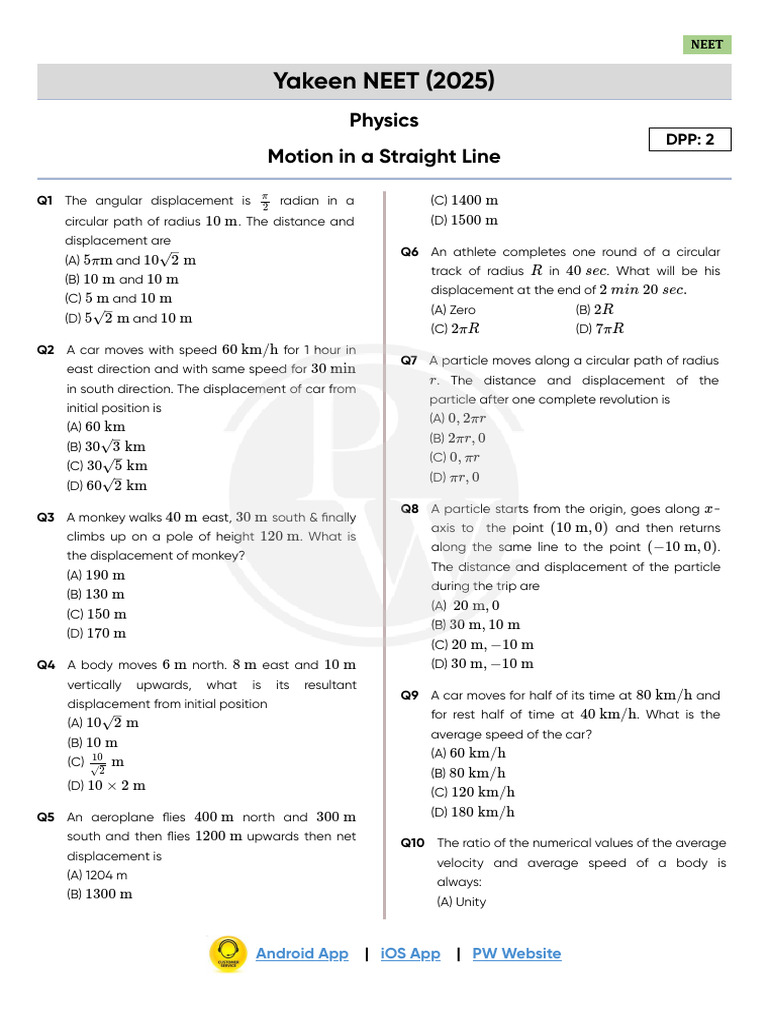 Motion in A Straight Line - DPP 02 (Of Lec-03) - Yakeen NEET | PDF ... Motion in A Straight Line - DPP 02 (Of Lec-03) - Yakeen NEET | PDF ...