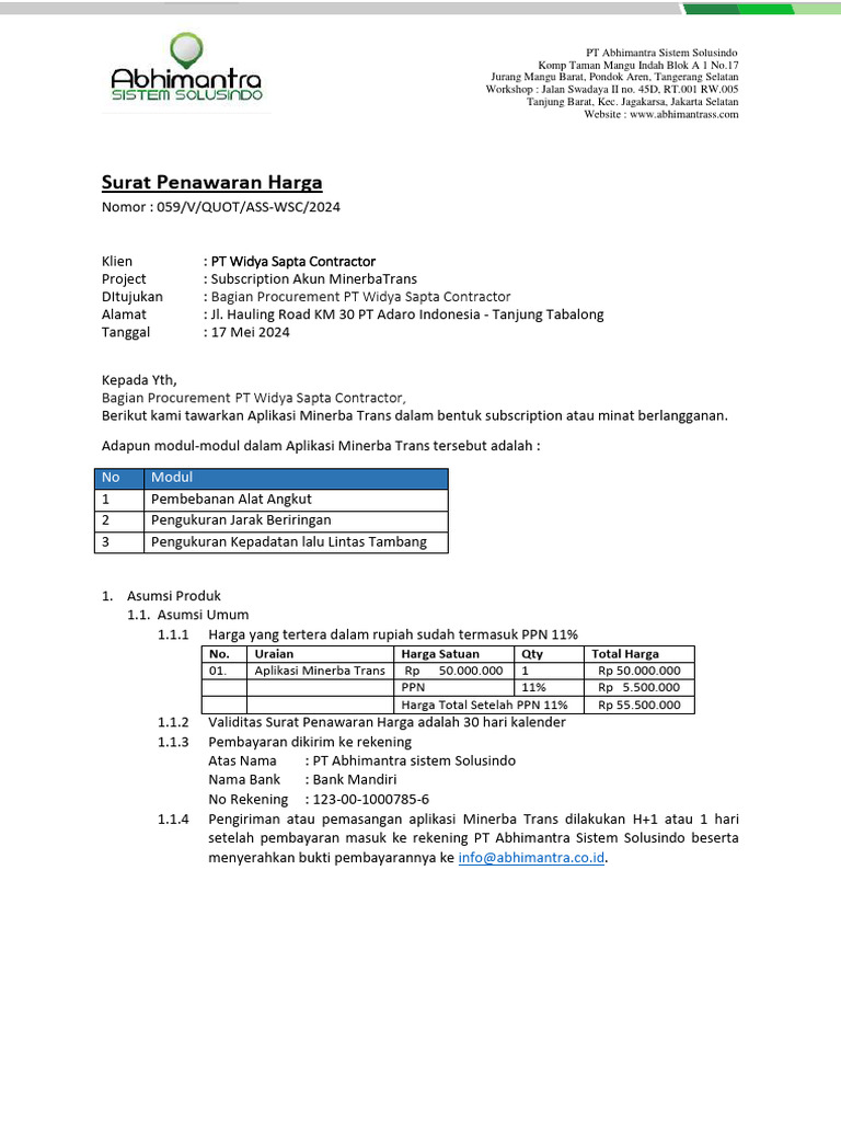 Surat Penawaran Harga Minerba Trans - PT Widya Sapta Contractor | PDF | Bisnis