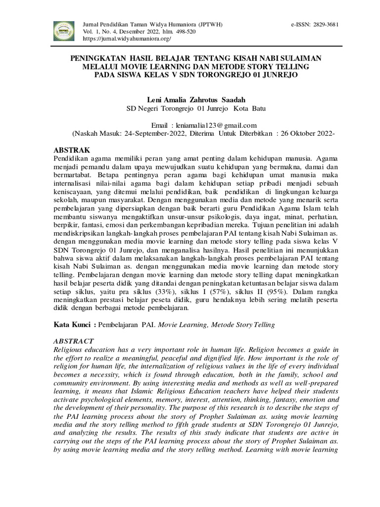 Jurnal Pendidikan Taman Widya Humaniora (JPTWH) Vol. 1, No. 4, Desember 2022, Hlm. 498-520 e ...