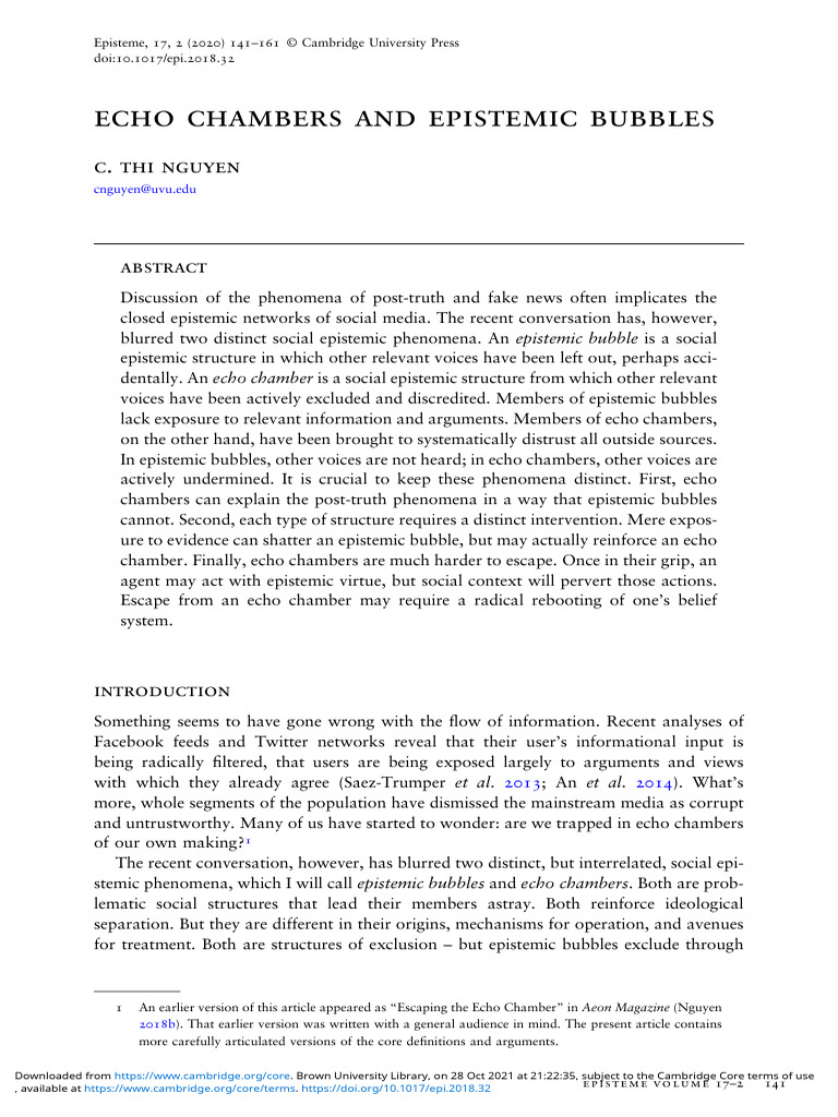 Nguyen Echo Chambers and Epistemic Bubbles | PDF | Epistemology