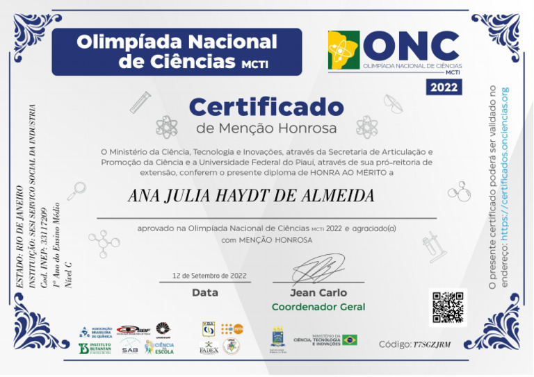 Certificado Olimpíada Nacional de Ciências - ONC | PDF