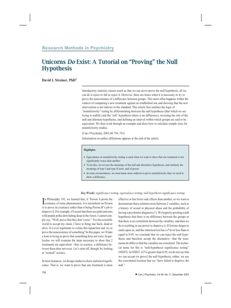 Streiner 2003 Unicorns Do Exist A Tutorial On Proving The Null Hypothesis | PDF | Type I And ...