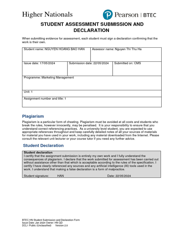 Btec HN Student Assessment Submission and Declaration | PDF | Career ...