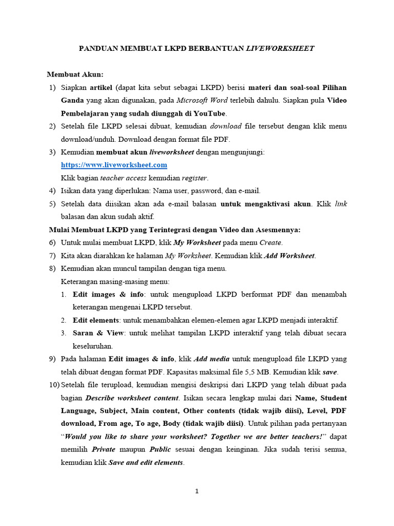 Panduan Membuat LKPD Berbantuan Liveworksheet | PDF