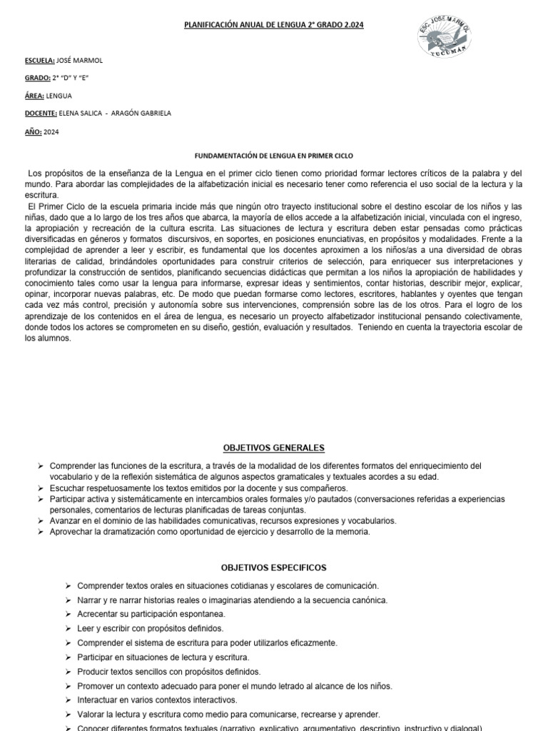 Planificación Anual de Lengua 2° Grado 2.024 | PDF | Literatura ...