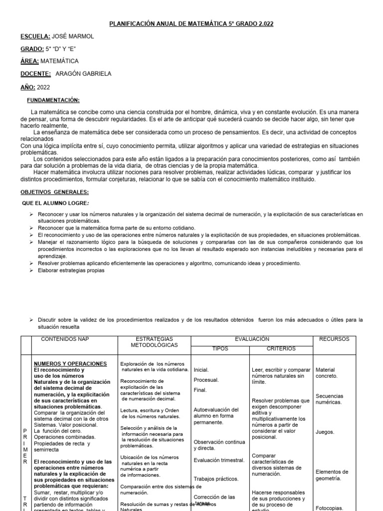 Planificación Anual de Matemática 5° Grado | PDF | Geometría | Matemáticas