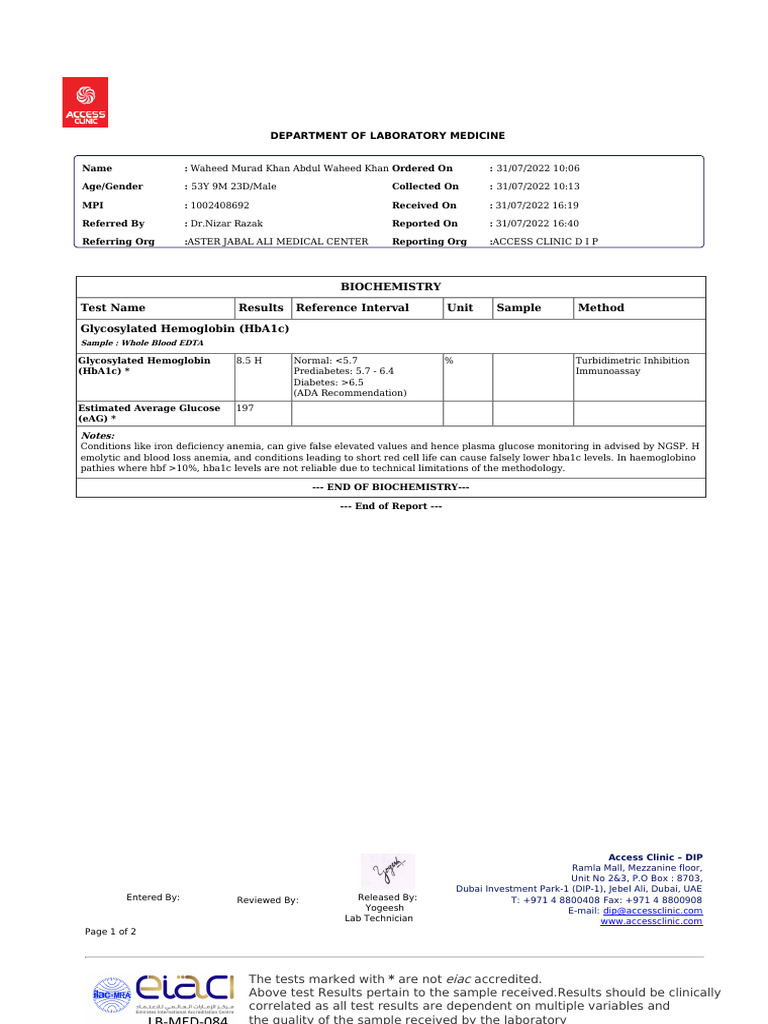 Lab Report 9297493 20220801063304 | PDF | Glycated Hemoglobin | Causes ...
