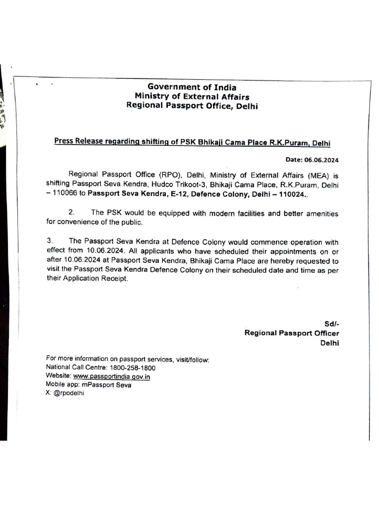 Shifting of Passport Office From Bhikaji Cama Place To E 12, Defence ...