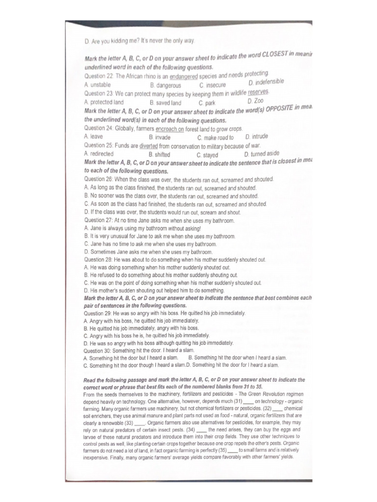 Mark The Letter A, B, C, or D On Your Answer Sheet To Indicate The Word ...