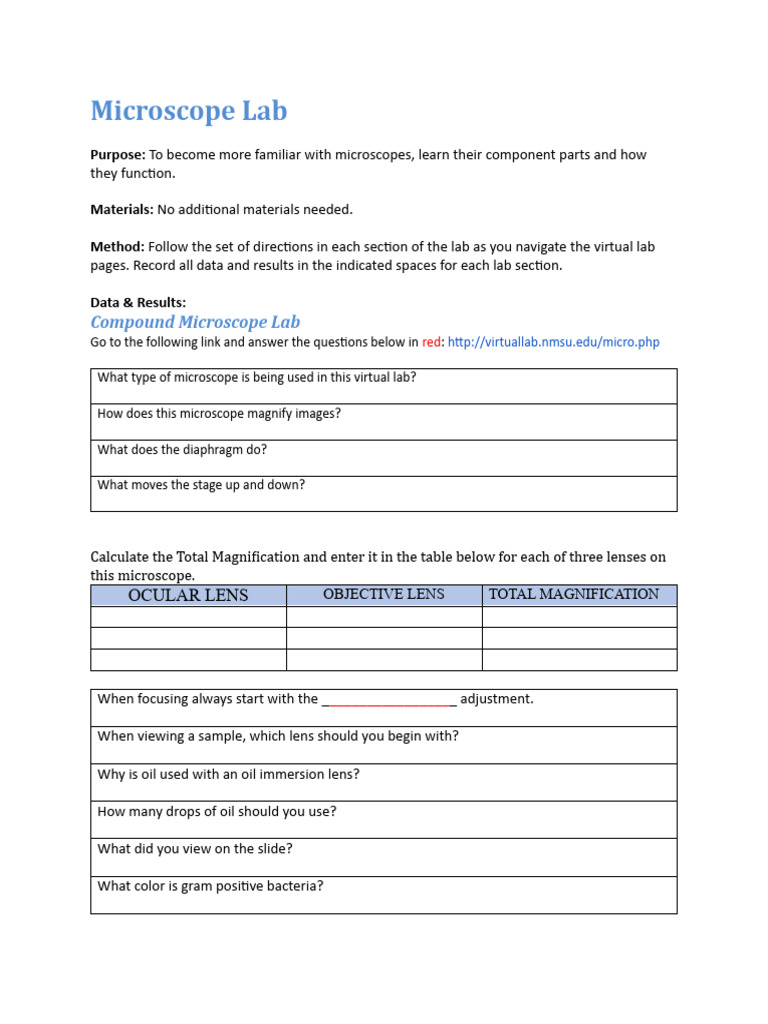 Microscope Lab Student Pdf Scanning Electron Microscope Microscope