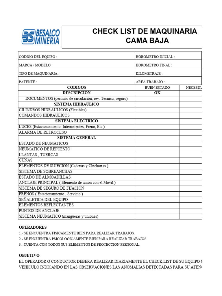 Check List Maquinaria Cama Baja | PDF