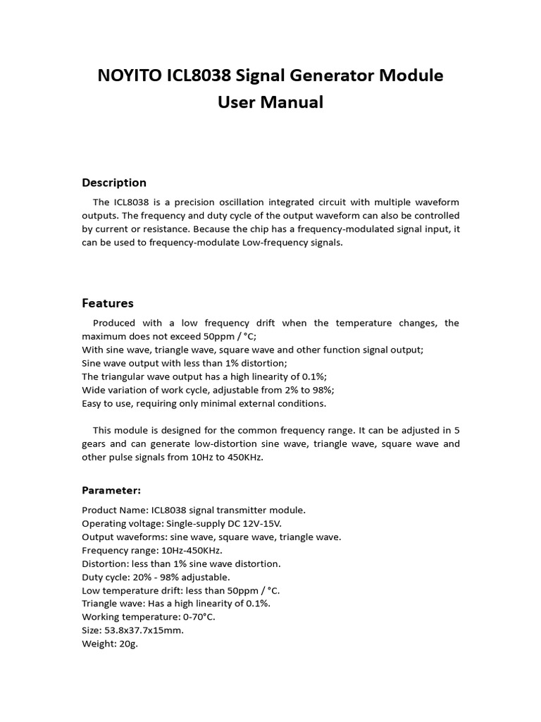 NOYITO ICL8038 Signal Generator Module User Manual | PDF