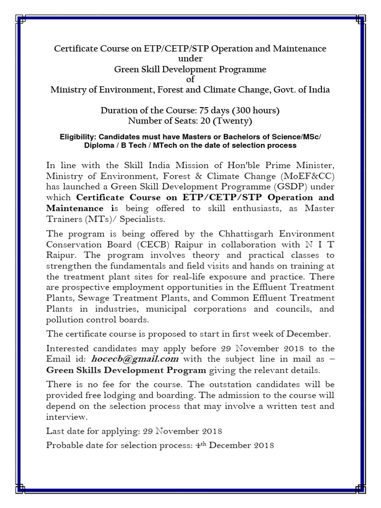 Certificate Course in ETP/CETP/STP Operations | PDF | Qualifications | Vocational Education