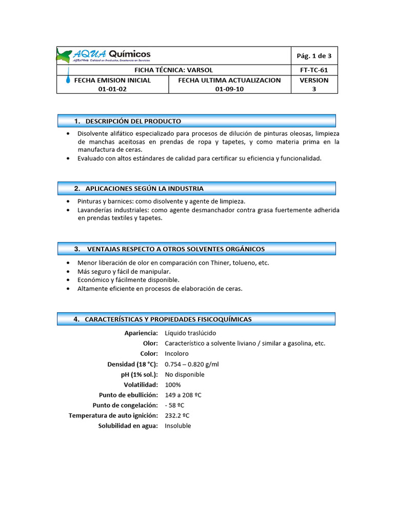 Ficha Tecnica VARSOL | Descargar gratis PDF | Solvente | Solubilidad