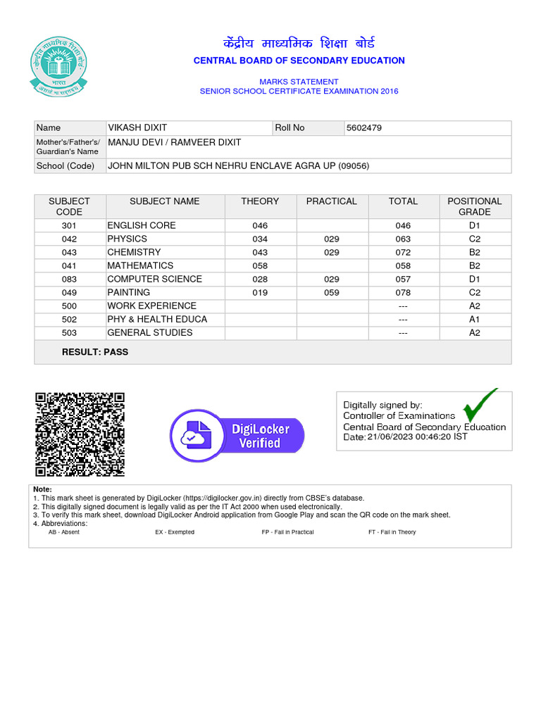 CBSE 2016 Marks Statement for Vikash Dixit | PDF