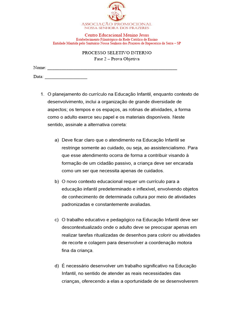 Processo Seletivo Prova Objetiva Pdf Pré Escola Pedagogia