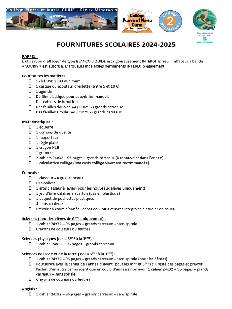 Fournitures Scolaires 2024-2025 | PDF | Instruments d'écriture | Papeterie
