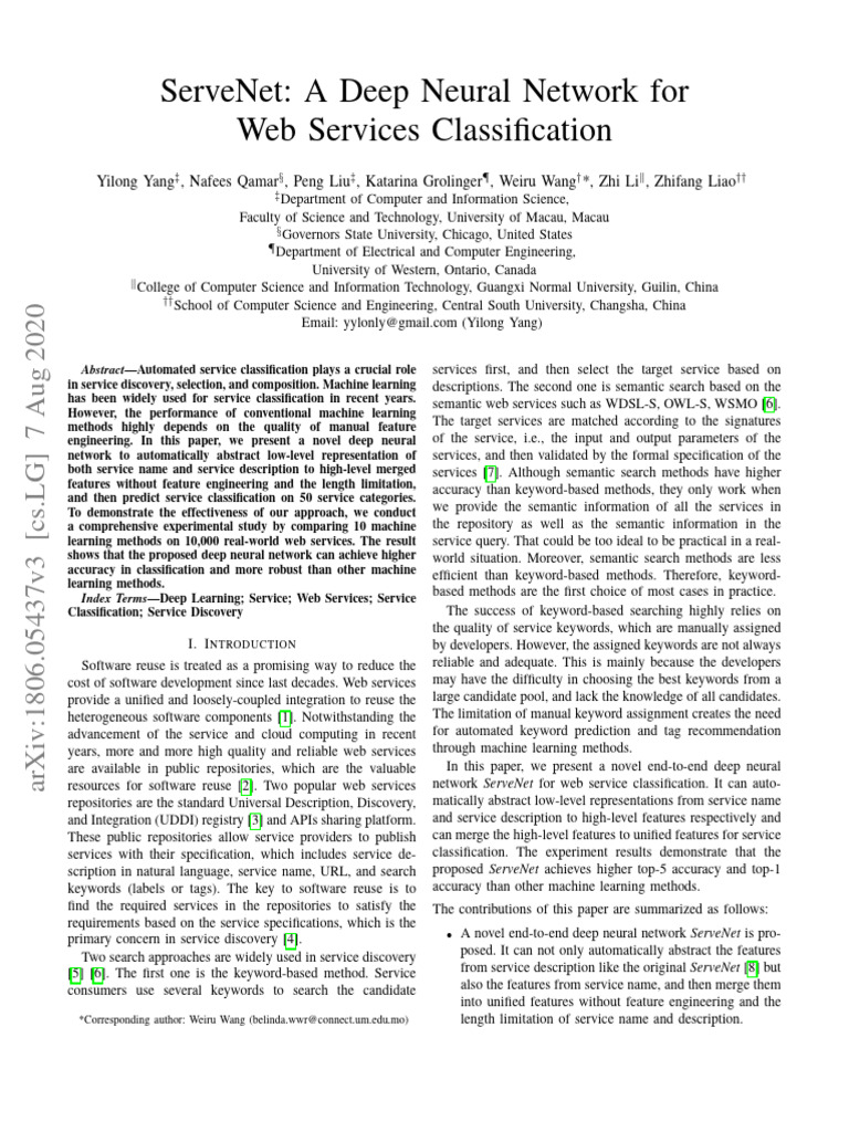 Servenet: A Deep Neural Network For Web Services Classification | Download Free PDF | Cross ...
